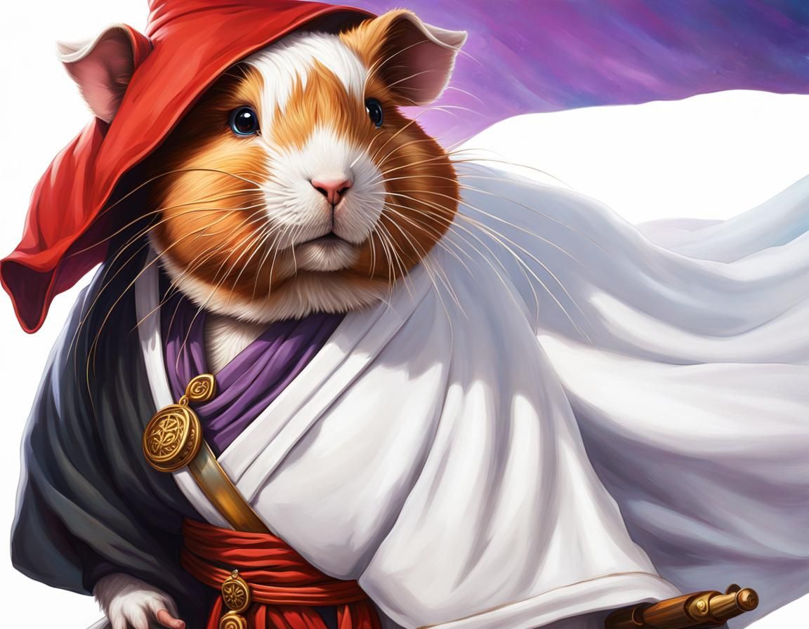 A photo realistic anthropomorphic Buddha guinea pig wearing a white ...