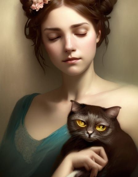 Beautiful Victorian woman cuddling with her cat - AI Generated Artwork ...