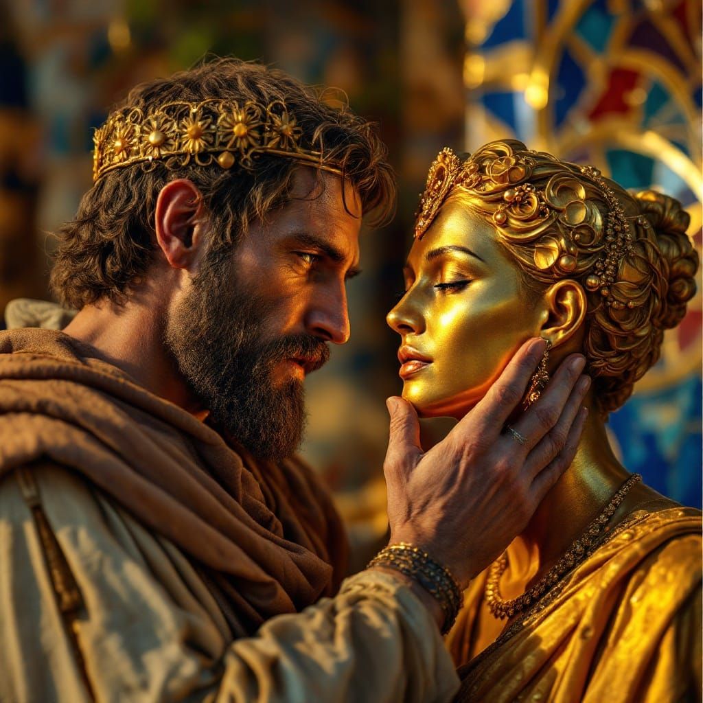 King Midas touches his wife who has become a golden statue