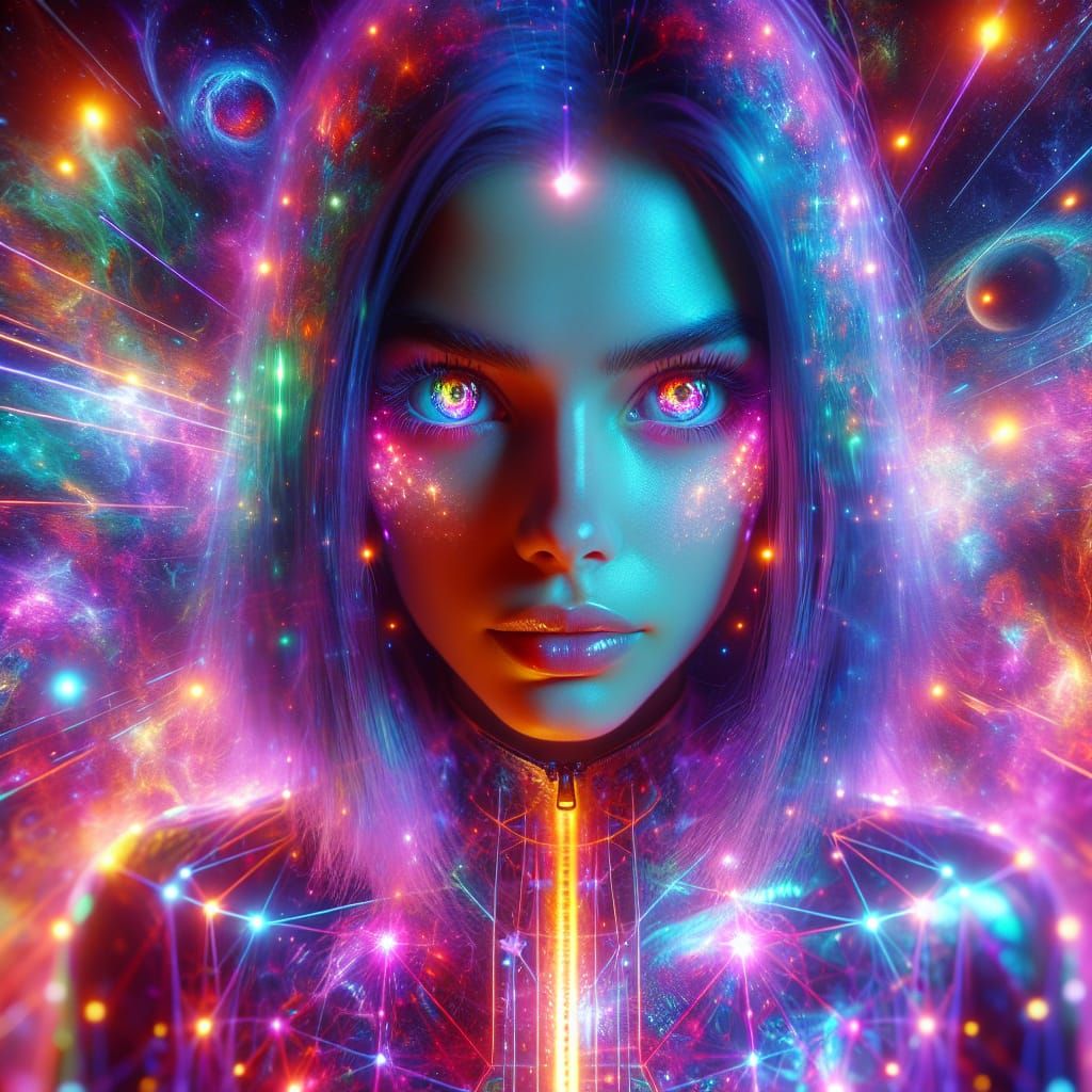 iridescent, glowing neon, aetherpunk, spacecore, young woman, bright eye color, facing forward ...