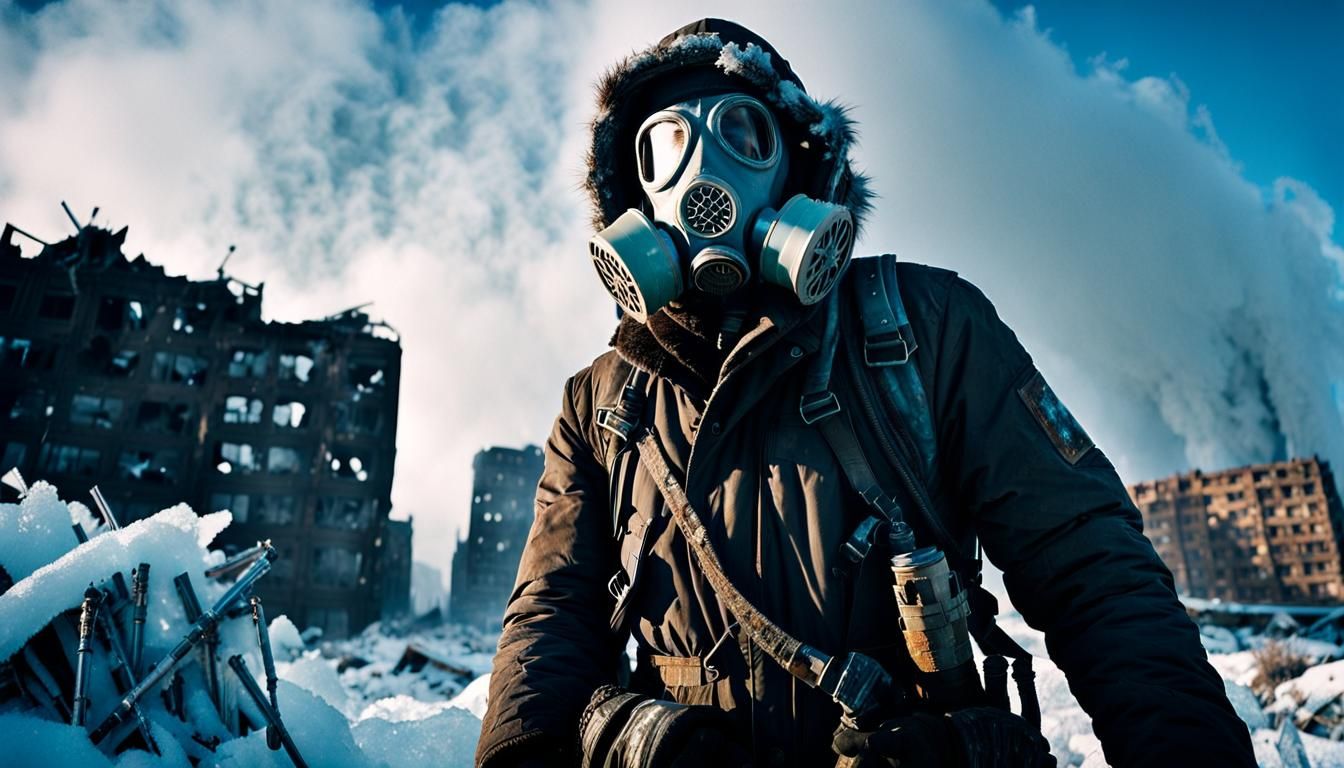 A horrific post-apocalyptic scavenger wearing a gas mask and tattered ...