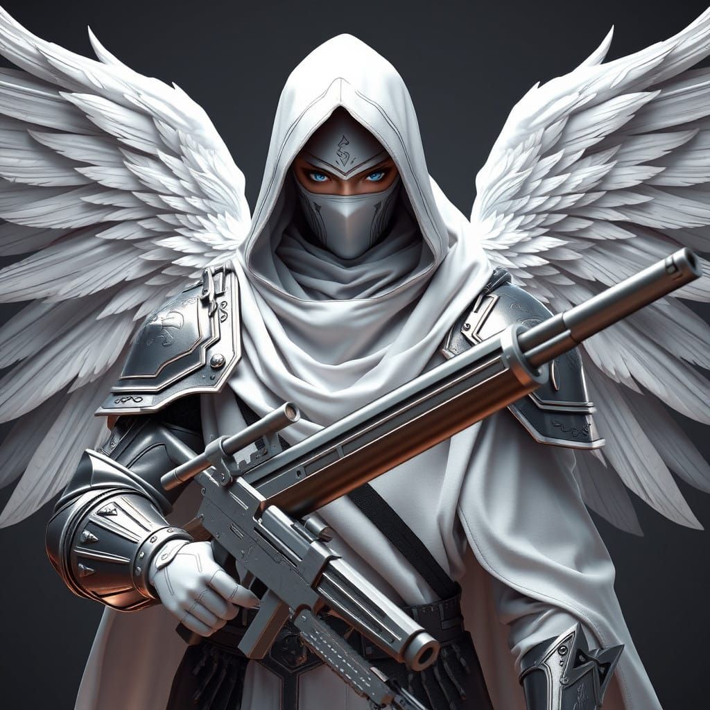 white hooded ninja with angel wings and a strange rifle
