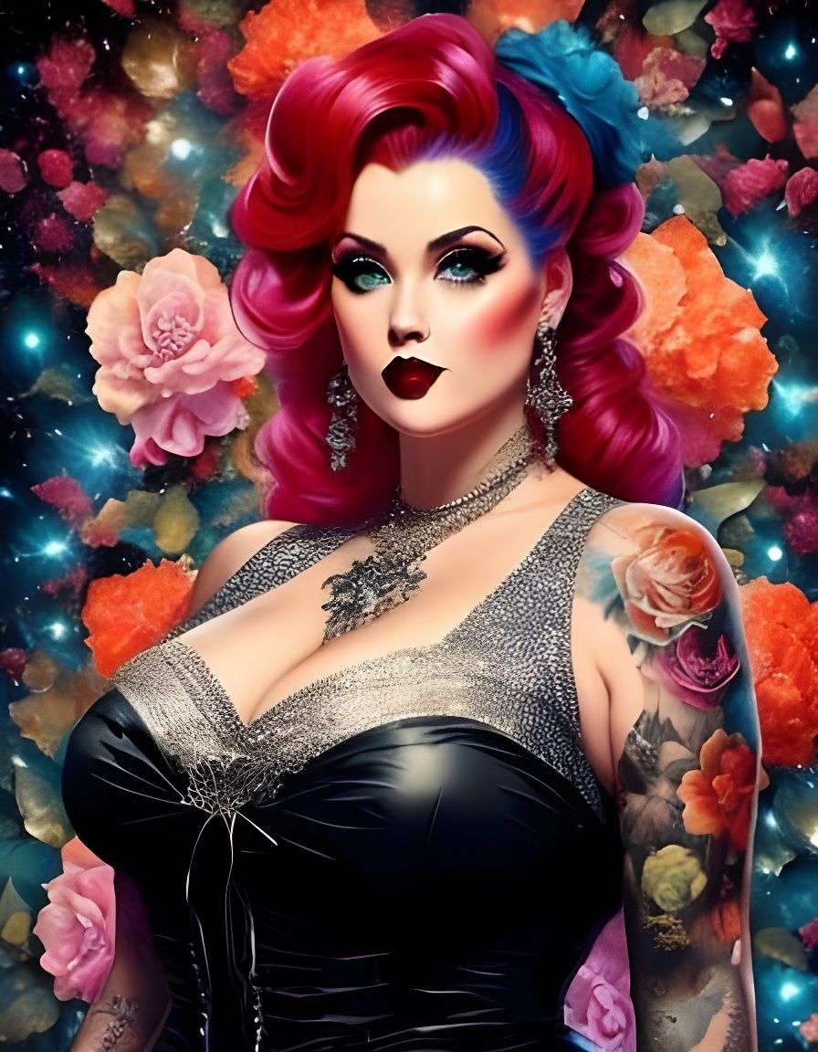 Sultry Gothic Pin-Up Goddess with Intricate Tattoo... - AI Art