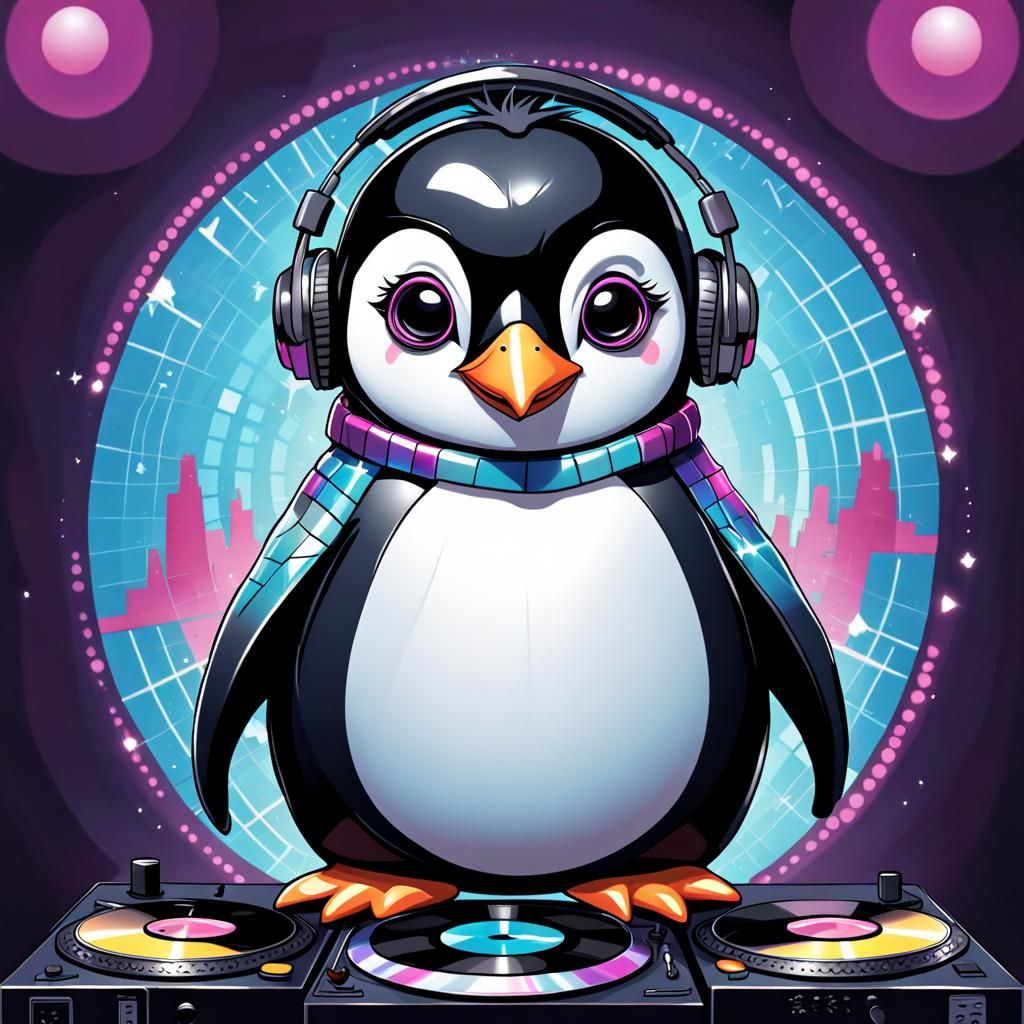 cute pinguin dressed 80's DJ : Disc cover with "Disco Penguin" logo ; vector digital drawing ...