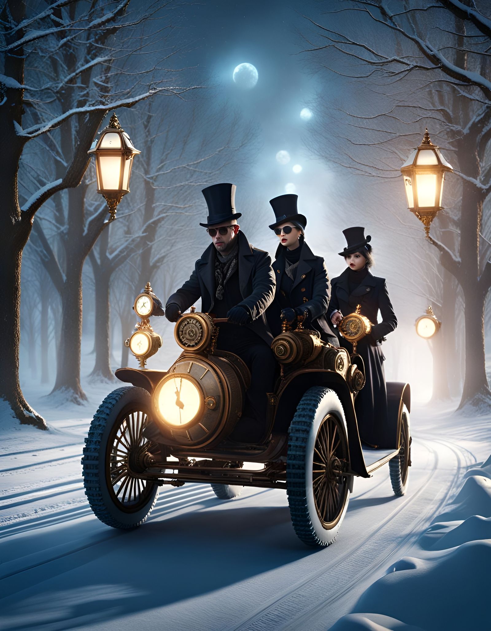 Riding in steampunk winter wonderland - AI Generated Artwork ...