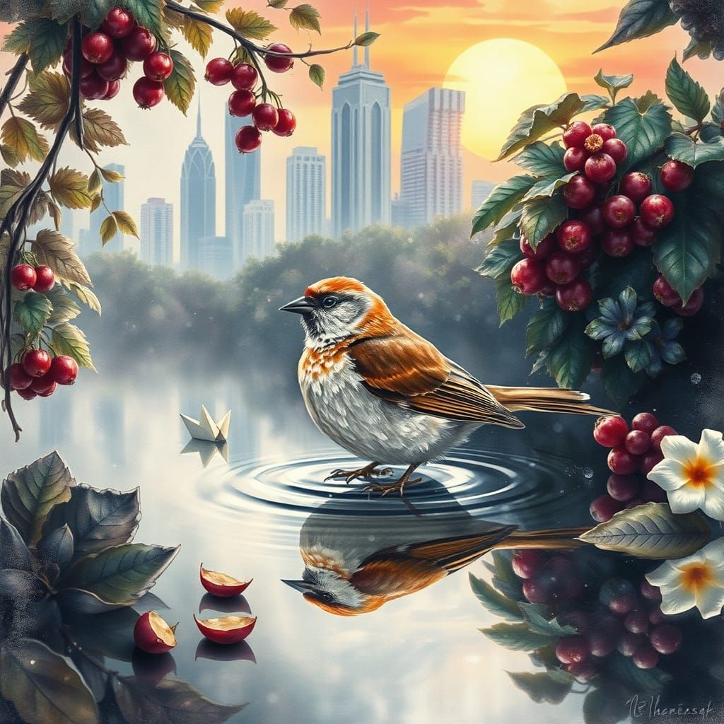 Watercolor painting in the style of Andrey Remnev, detailed and refined. A sparrow bathing in a ...