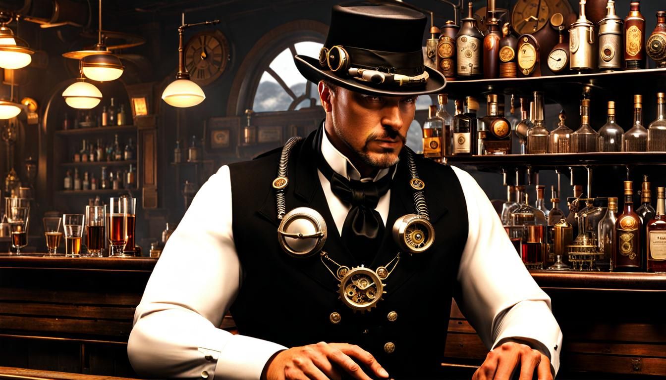 Steampunk-cyborg bartender wearing fedora. - AI Generated Artwork ...