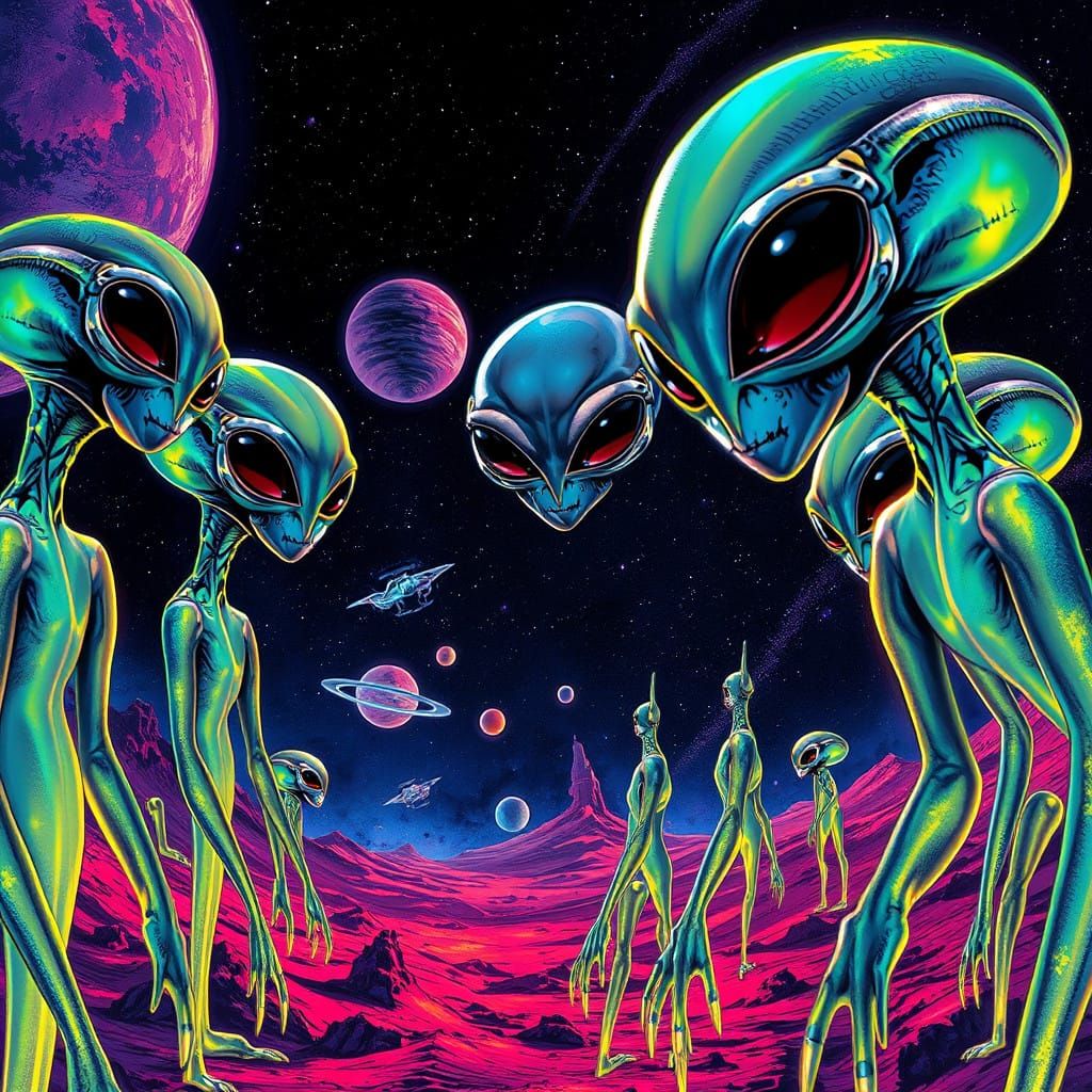 Glowing Aliens in a Starry Night Sky, in the Style... - AI Art
