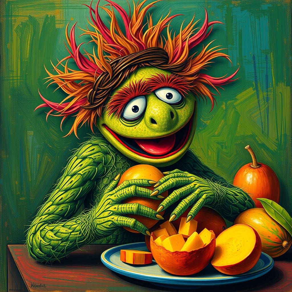 muppet monster munching mangoes, gaugin kandinsky kusama Botticelli, 🥭👾🤖😀