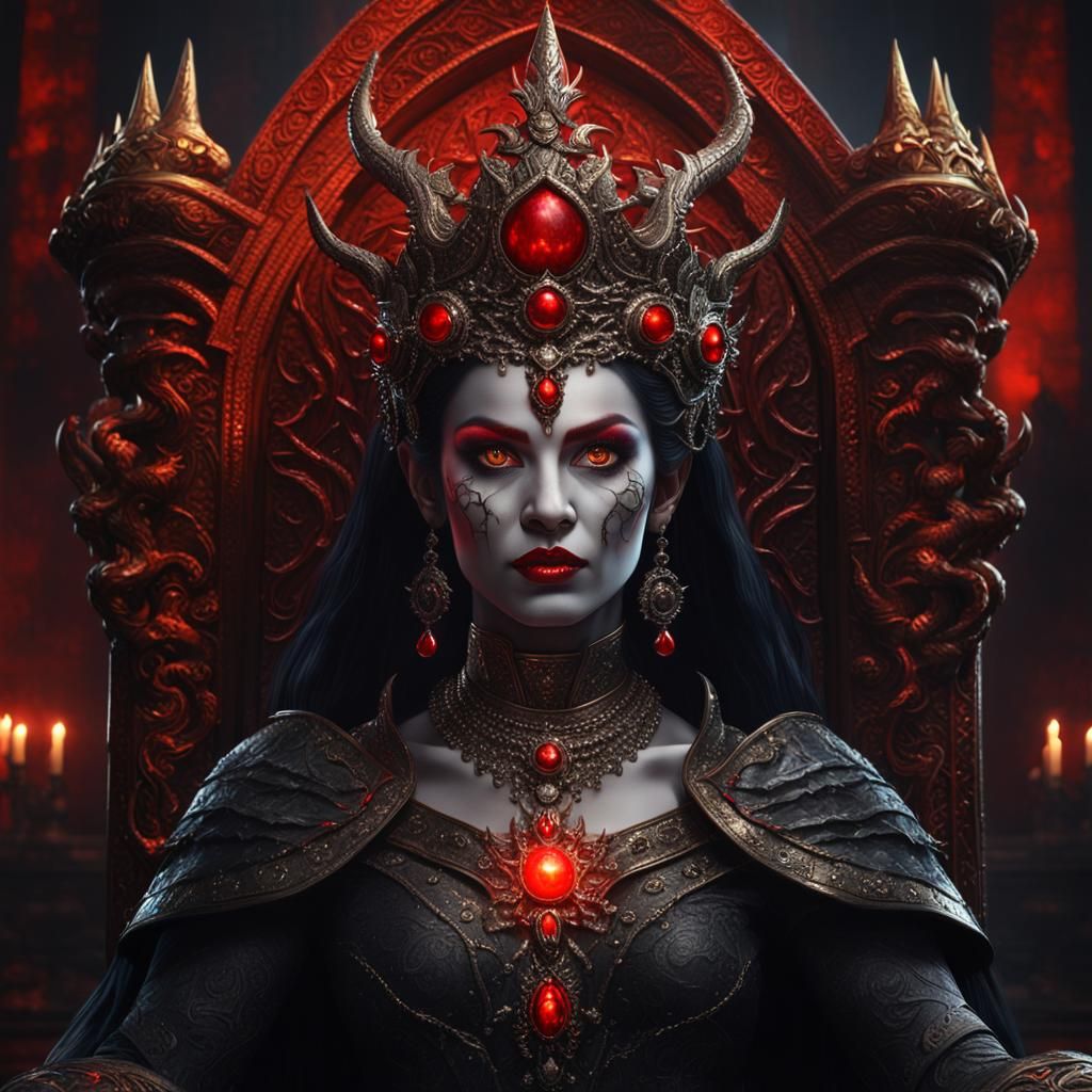 Photorealistic portrait of a majestic evil demon queen goddess with ...