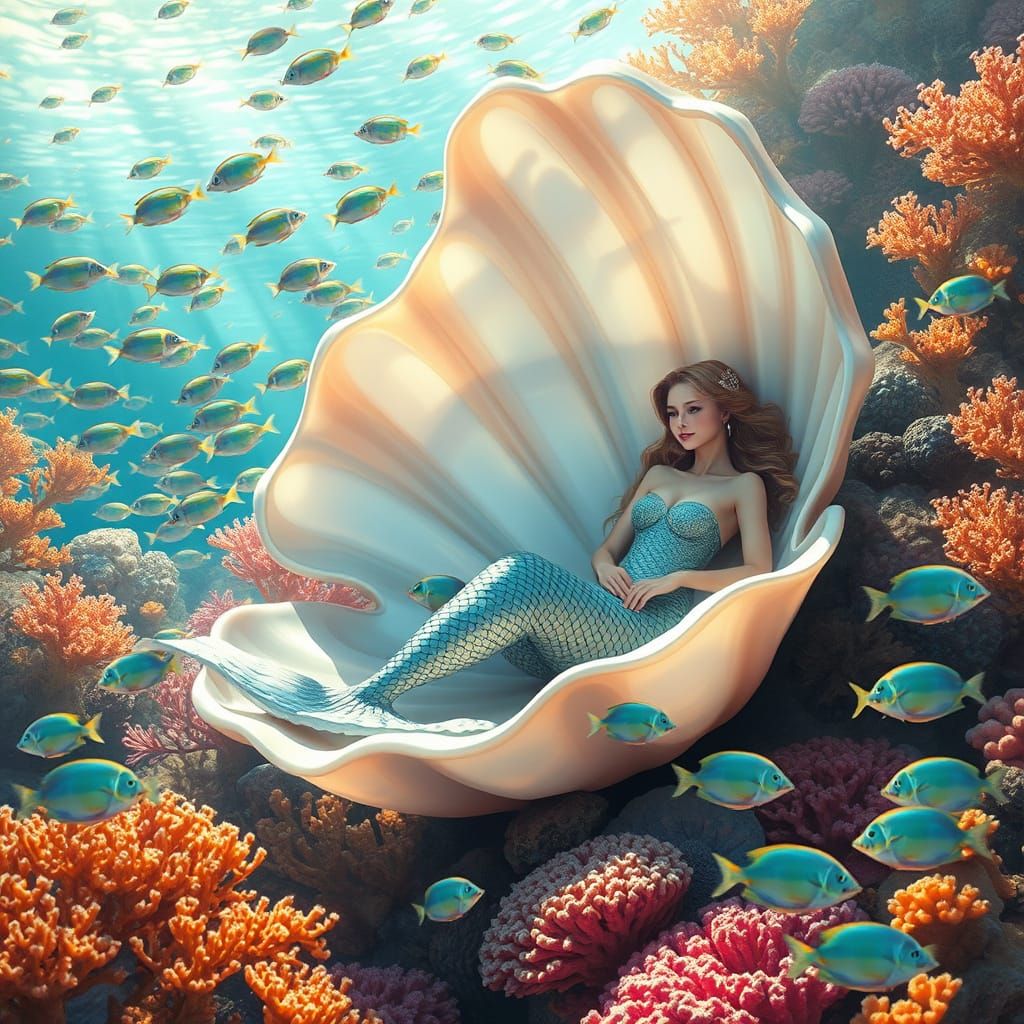 Mermaid - Surreal Mermaid Reclines in Pearlescent Clamshell