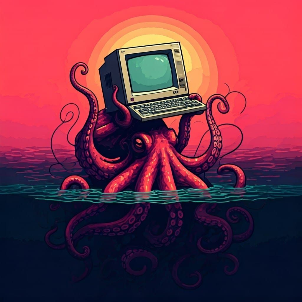 Pixelated Octopus Emerges from Murky Waters with R... - AI Art