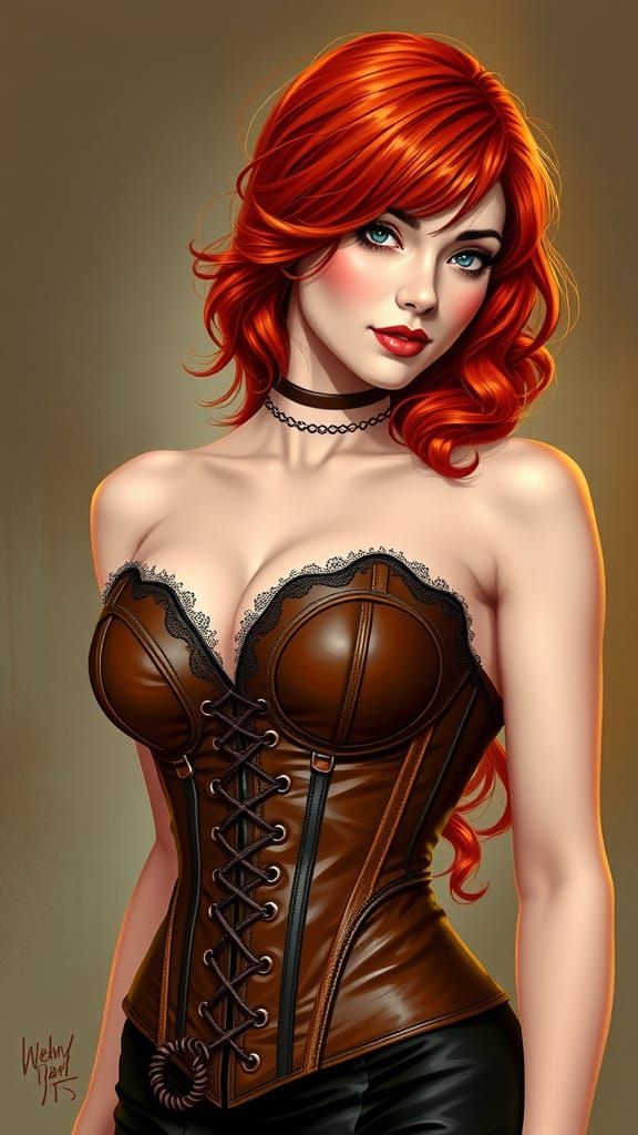 Woman in brown leather corset body - Victorian-Era Pin-Up Go...