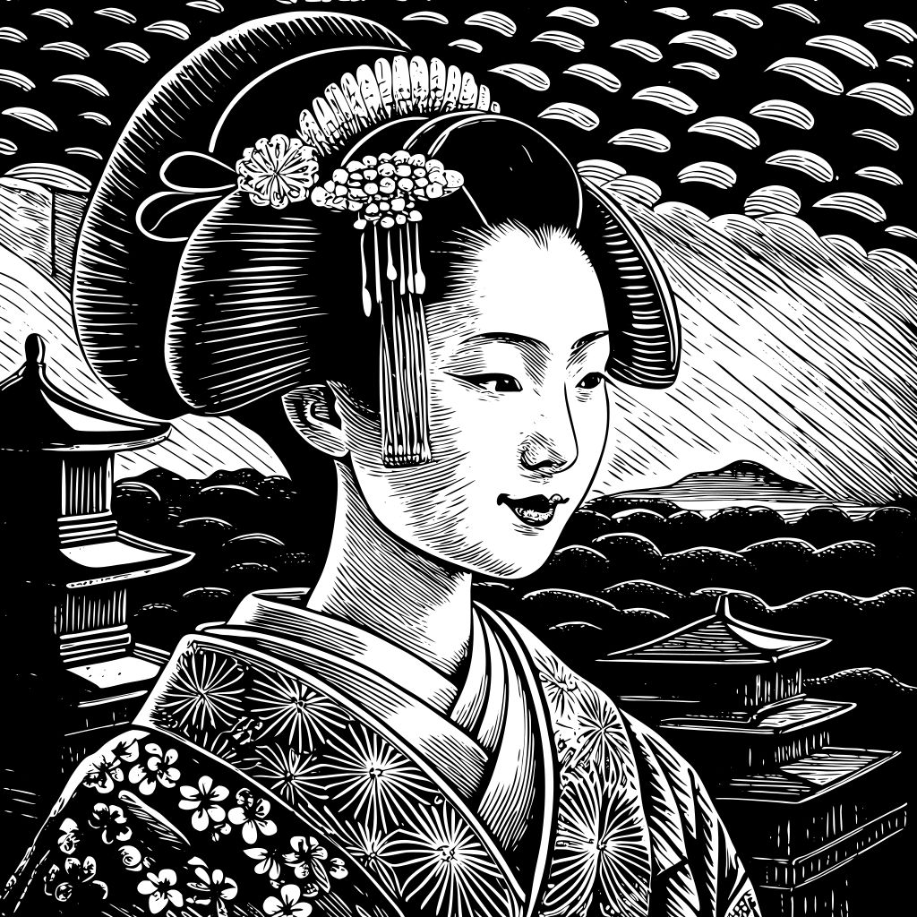 Geisha - Ethereal Geisha in Traditional Kimono Amidst Feudal...