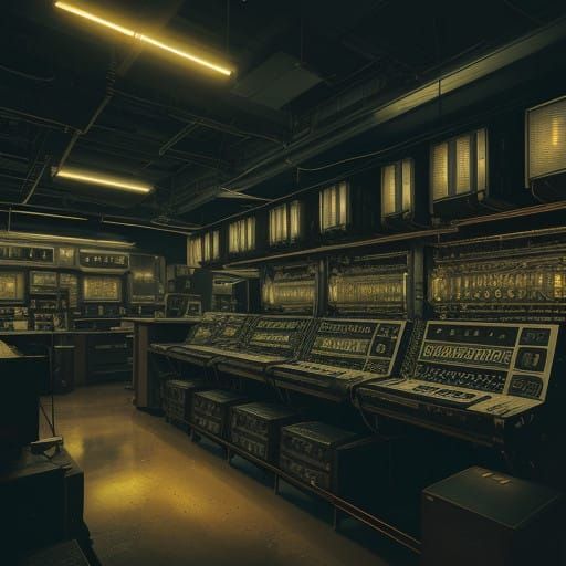 Vintage Radios and Computers in a Futuristic, Glim... - AI Art