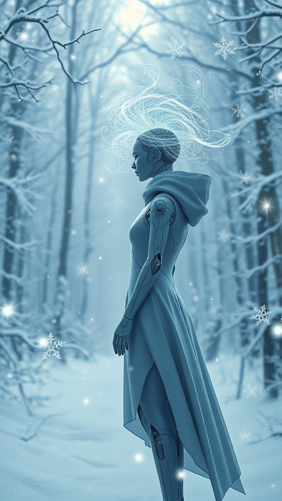 Surreal Robot Goddess in Winter Wonderland Scene - AI Art
