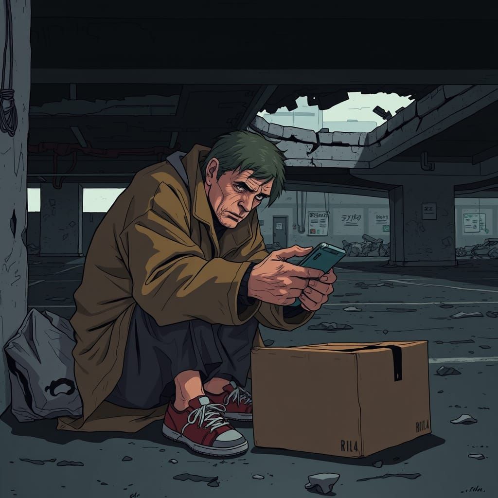 Homeless Man in Desolate Urban Landscape, Inspired... - AI Art