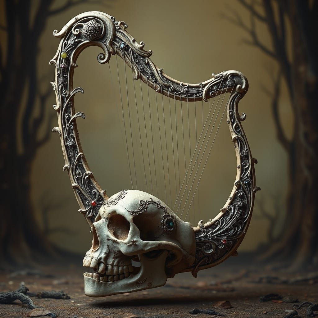 Lyre made from a skull 💀 - Dark Surreal Lyre Made from Anci...