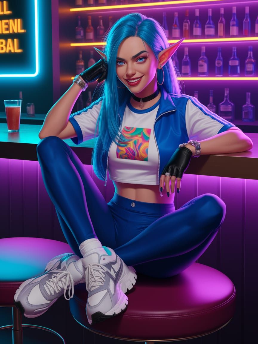 Shadowrun Bar - Glowing Neon Bar Scene with Confident Elf Gi...