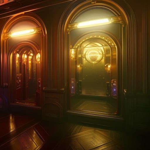 sinister funhouse mirrors, floor to ceiling mirrors, side by side, by ...