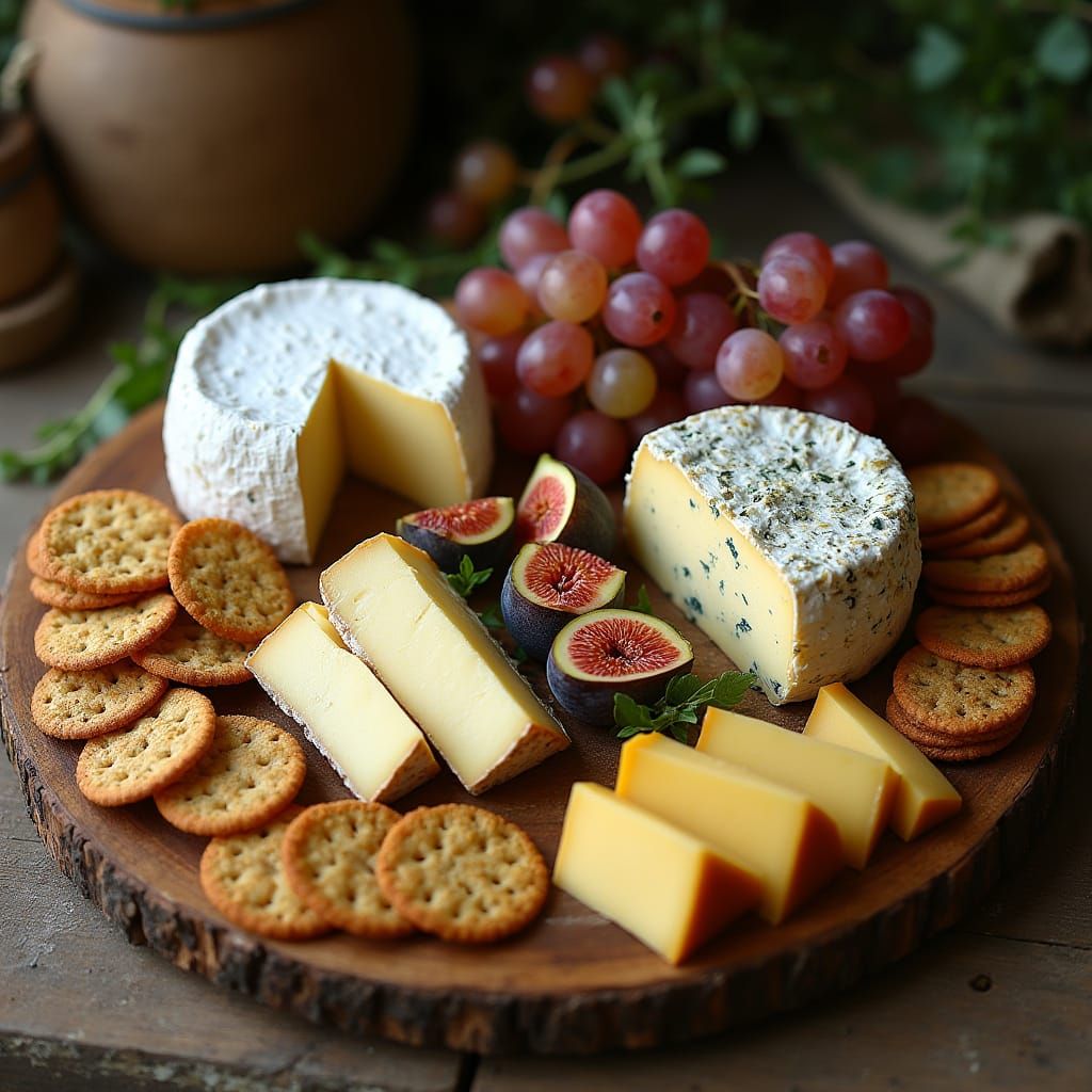 a cheese platter featuring Brie, Camembert, Gouda and Roquefort cheeses