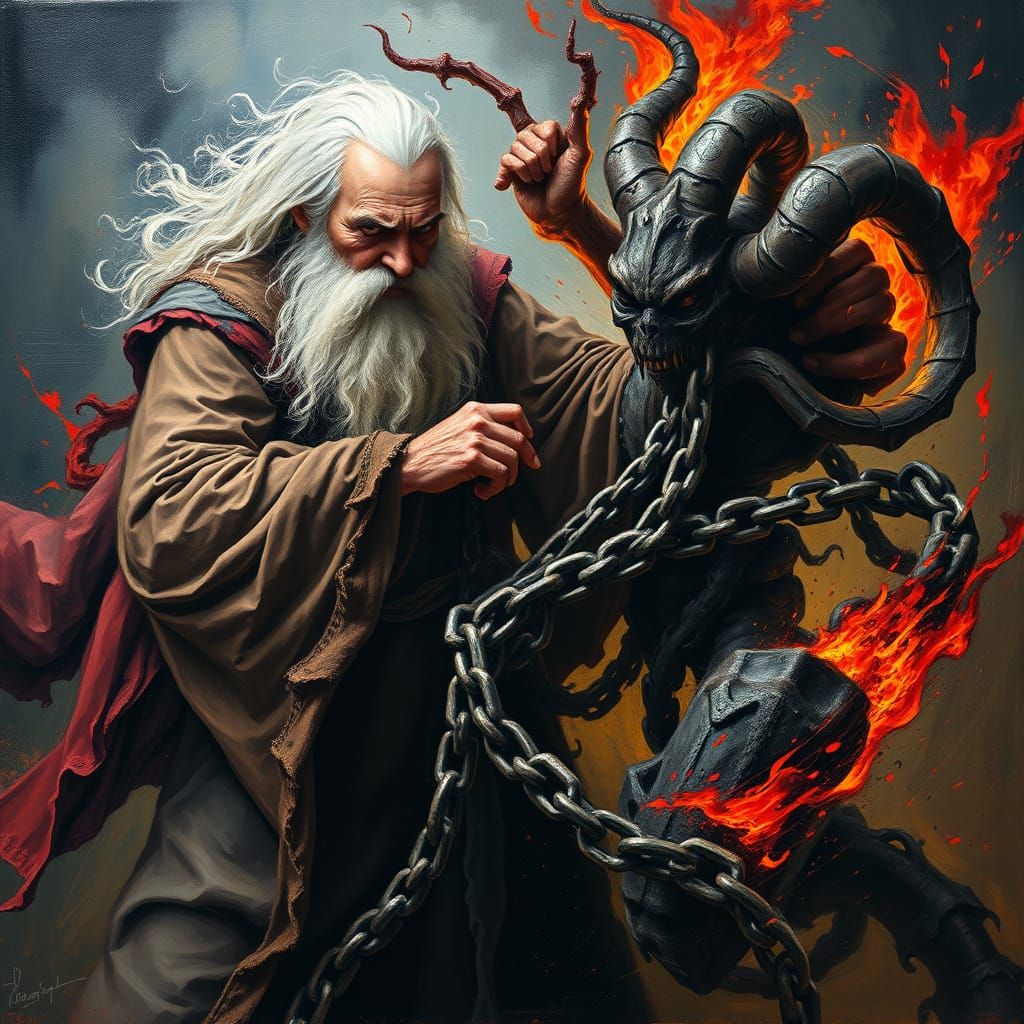 Heroic Old Wise Man Defeats Cursed Satan in Neo-Im... - AI Art