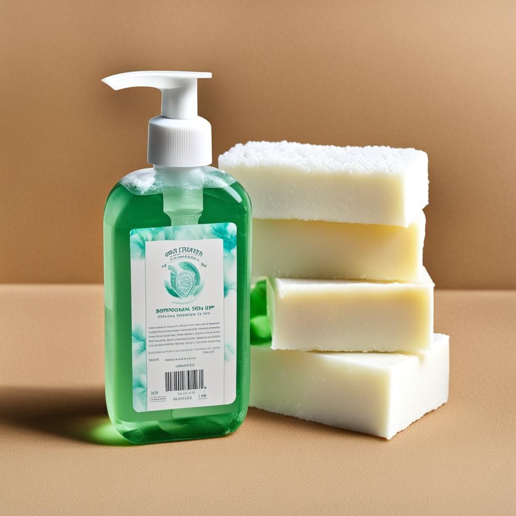 1 bar soap without packaging and a bottle of liquid soap without labels ...
