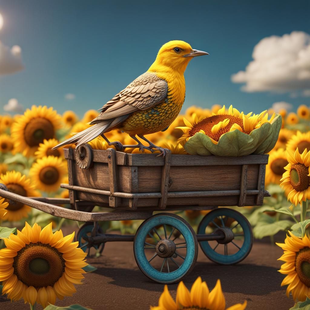 "lark bird sitting on a sunflower, in wagon , colorful , detailed photo ...