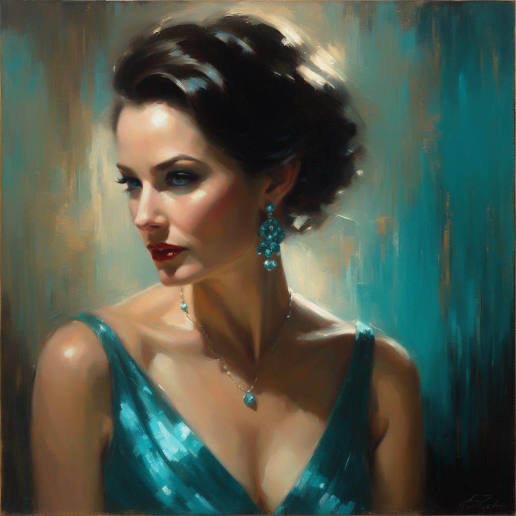 Turquoise Study 1 - Film Noir Impressionistic Portrait of a ...
