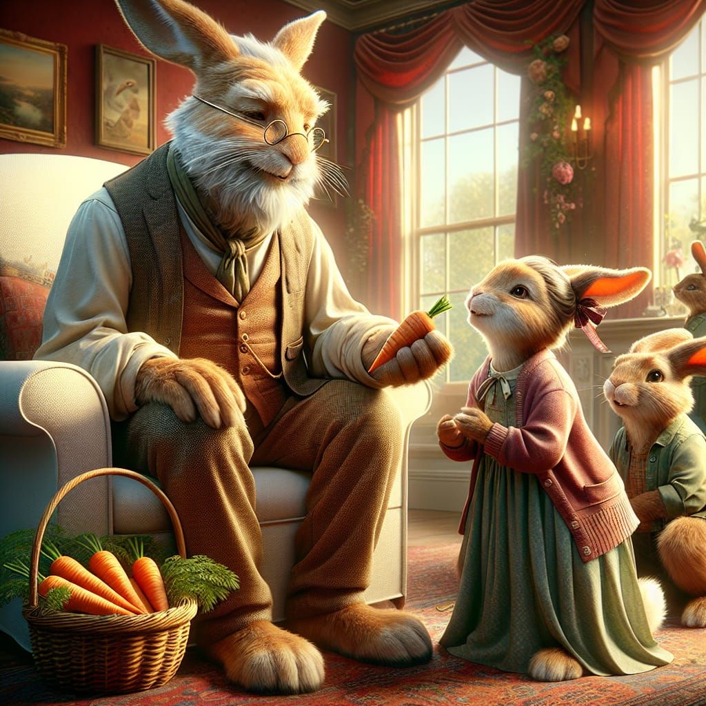 Create a hyper-realistic digital artwork of an anthropomorphic rabbit ...