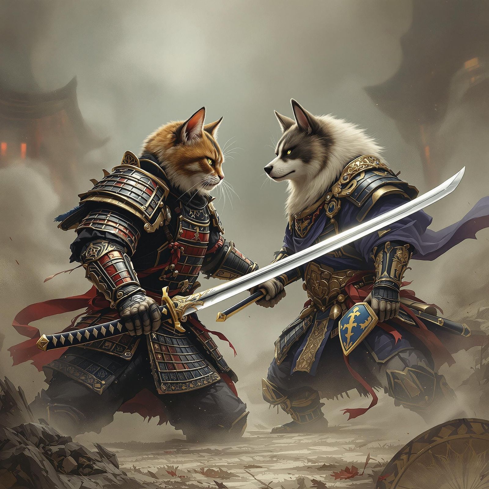 Photorealistic picture of a samurai cat with a Katana fighting a dog ...