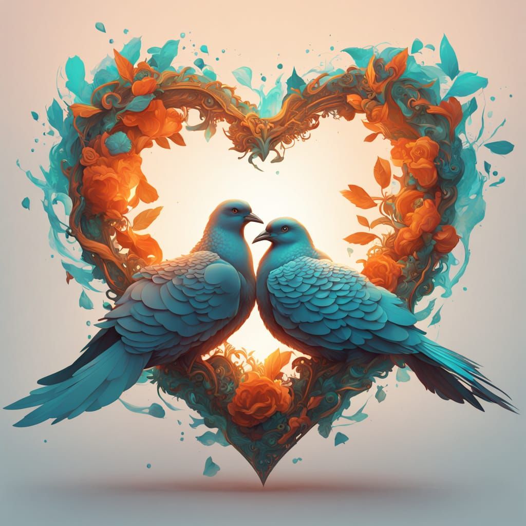 A pair of doves forming the shape of a heart as they fly together. A ...