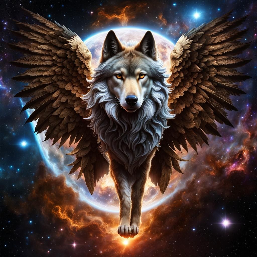 masterpiece, best quality, Cosmic God Wolf with wings, in very deep ...