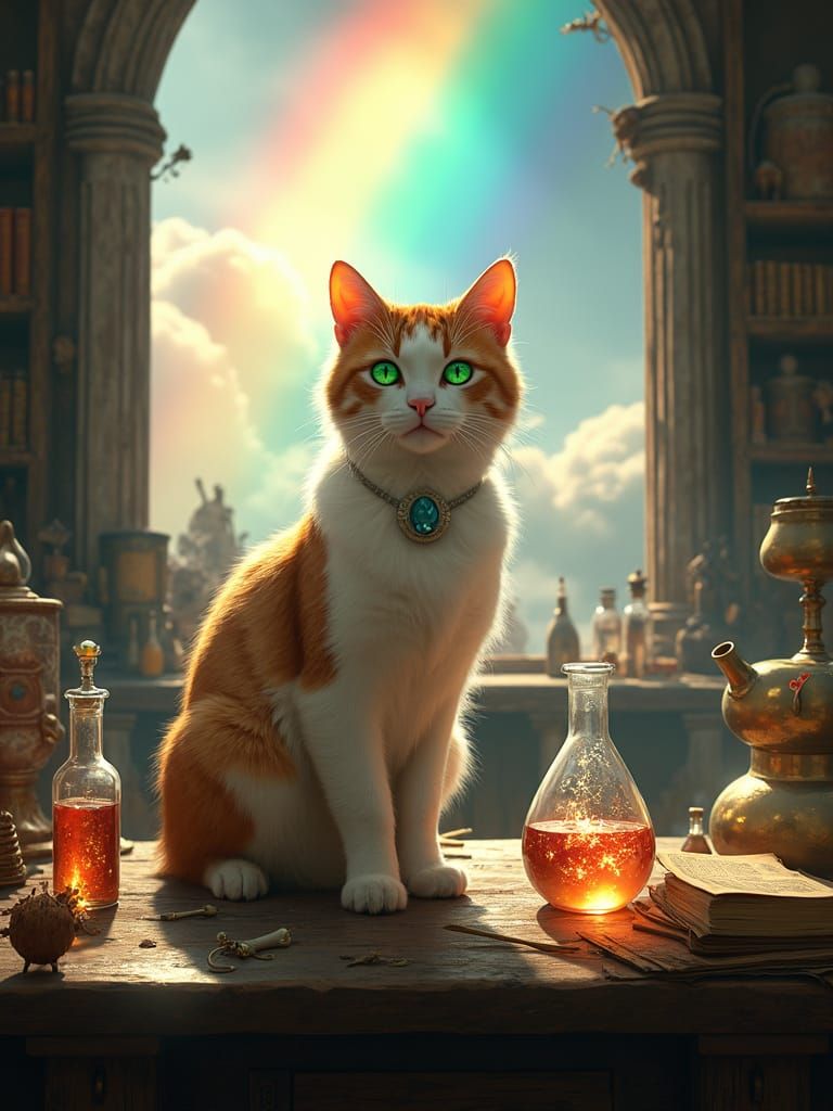 Regal Ginger Cat on Ancient Wizard's Table - AI Art
