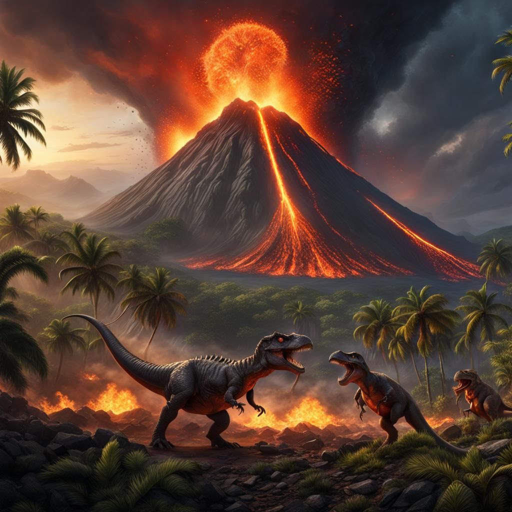 Dinosaurs and a volcano exploding - AI Generated Artwork - NightCafe ...