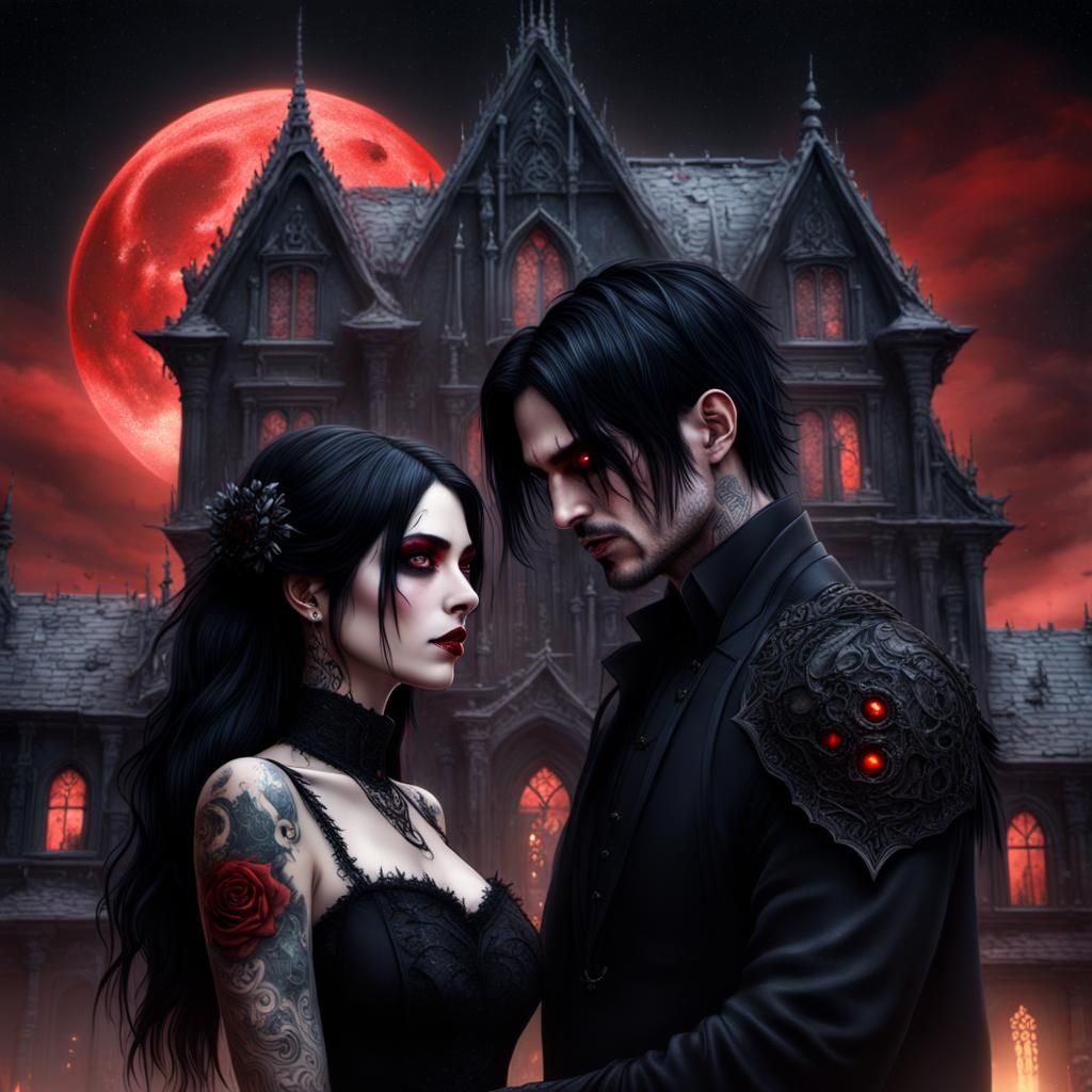 beautiful gothic couple hugging, girl with black hair and black gothic dress,glowing red eyes ...