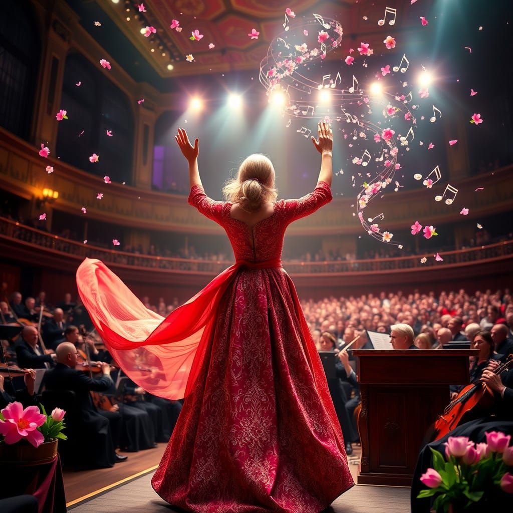 A wonderful orchestra playing in a concert hall. The female conductor ...