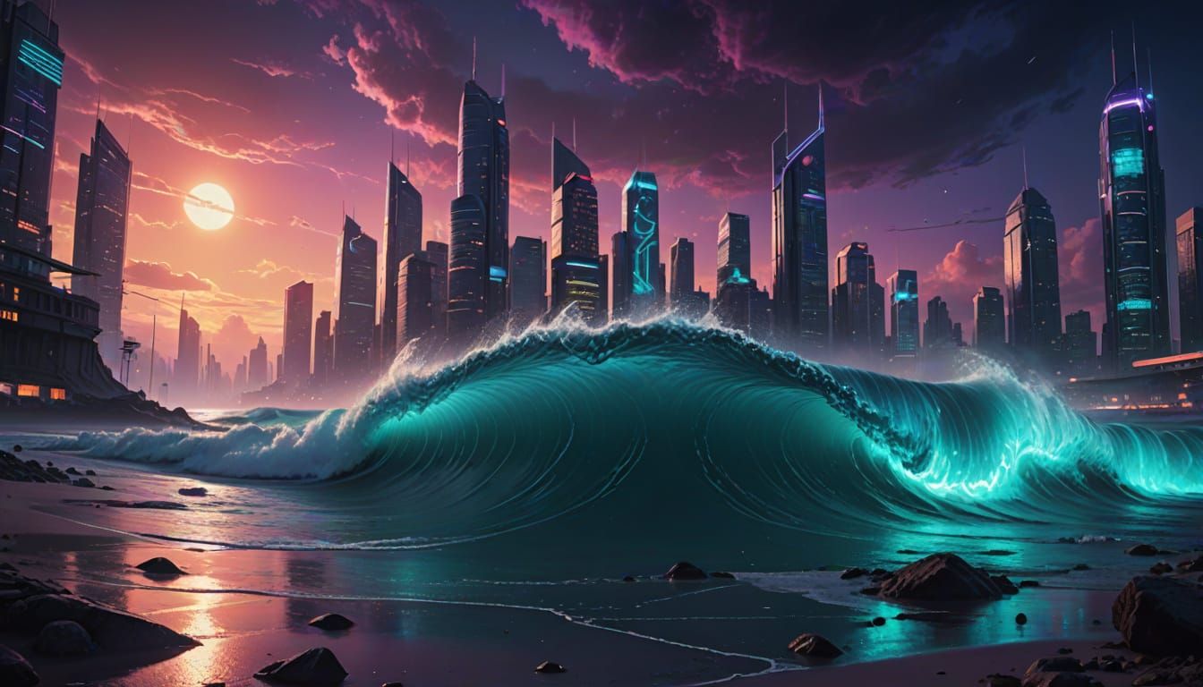 Ethereal Cyberpunk Dreamscape Under Turquoise Wave... - AI Art
