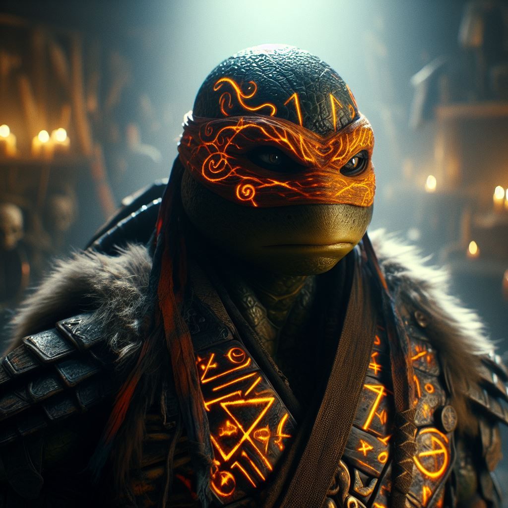 ninja turtle with Glowing orange Runic Symbols painted face, wearing ...