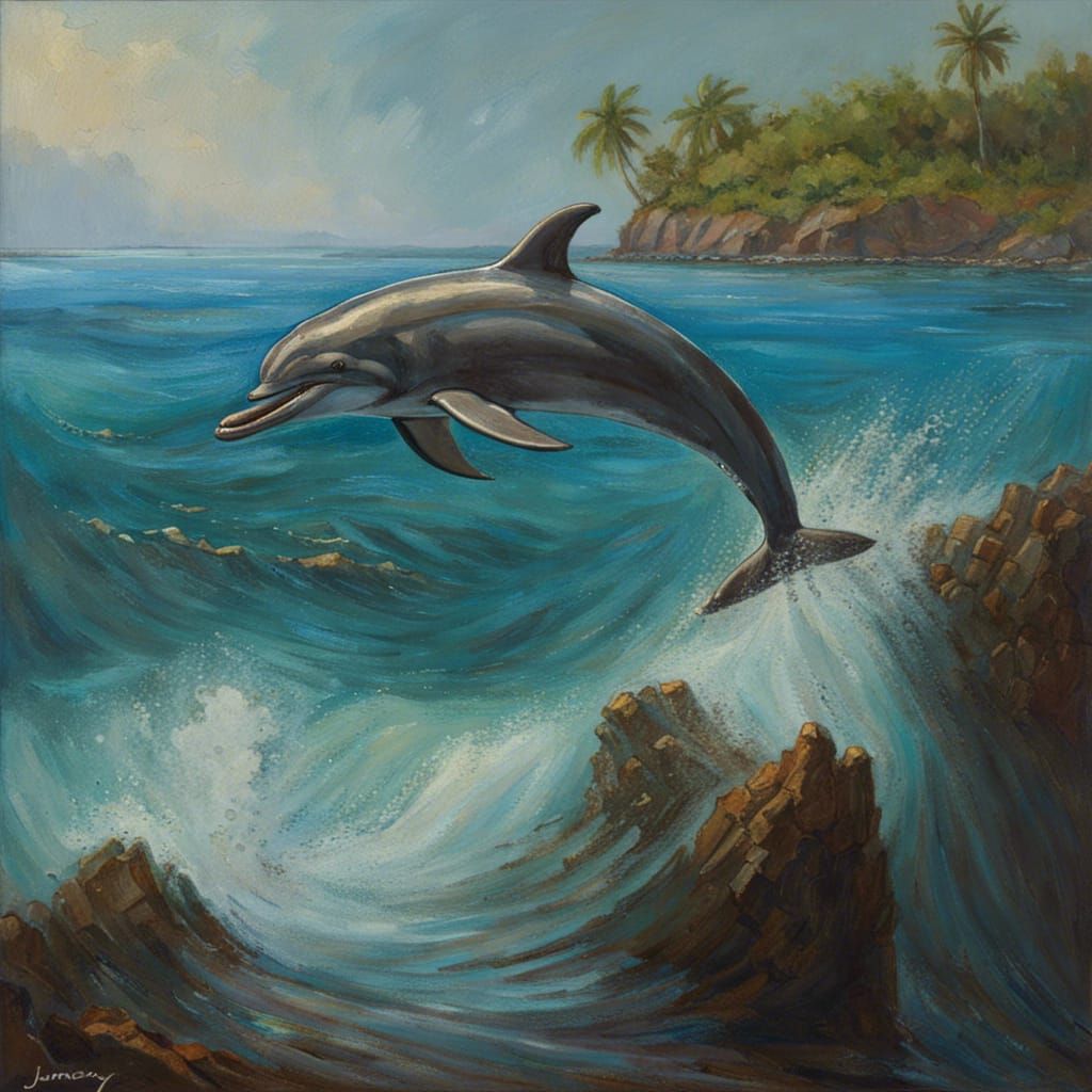 Dolphin diving out of the water in a ocean with a island in the ...