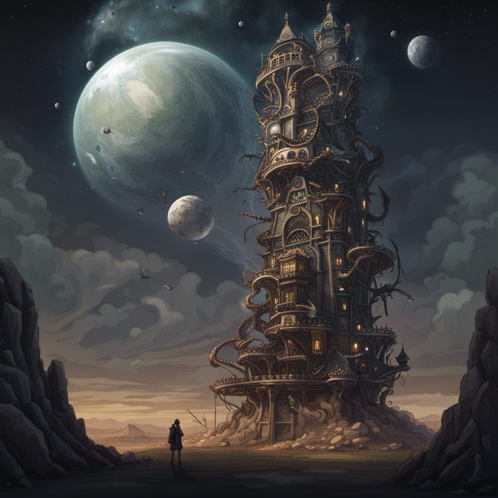 Cronos and his tower - Surreal Dark Bone Tower in Space