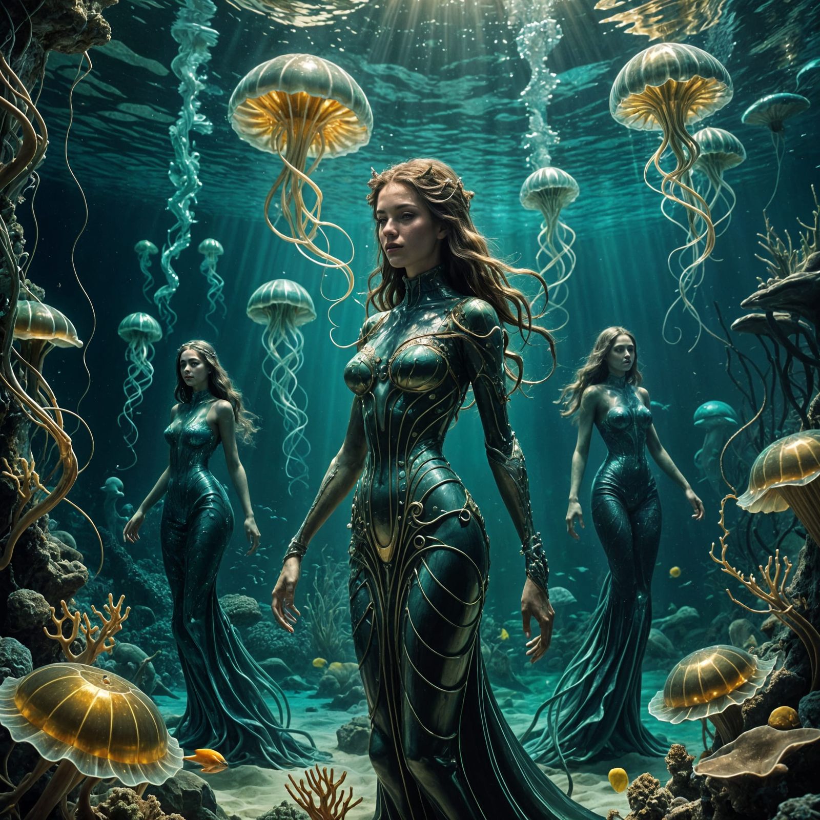 Surreal Mermaids Shine in Underwater Scene with Do... - AI Art