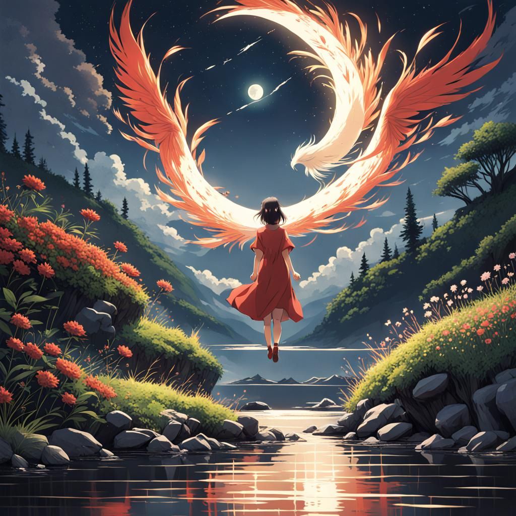 mountain,star,dark sky,river,girl,red dress,flower,phoenix,moon - AI Generated Artwork ...