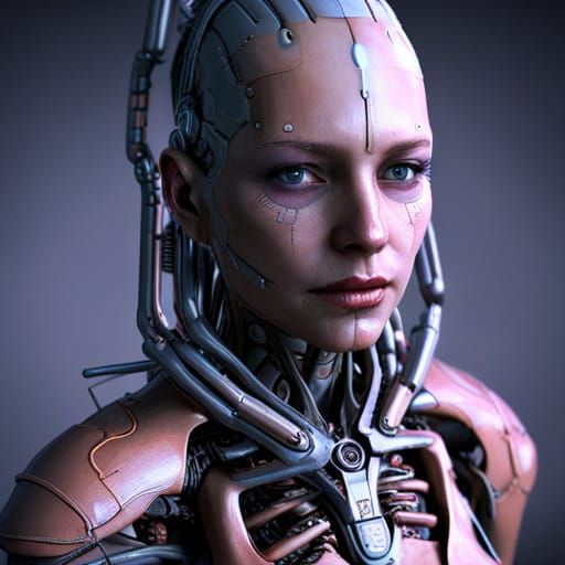 Android woman with cables attached to her head, undergoing computer ...