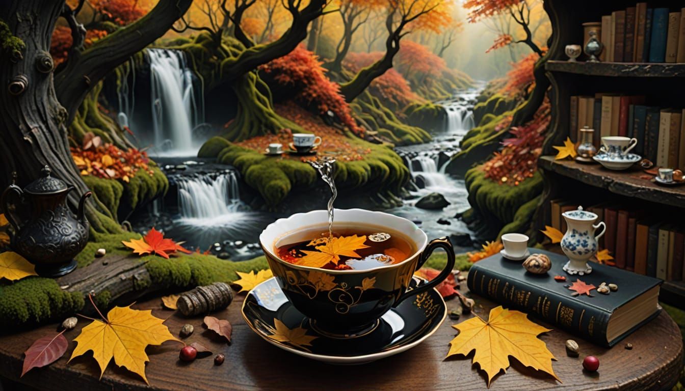 Autumn Landscape Flowing From a Teacup - AI Art