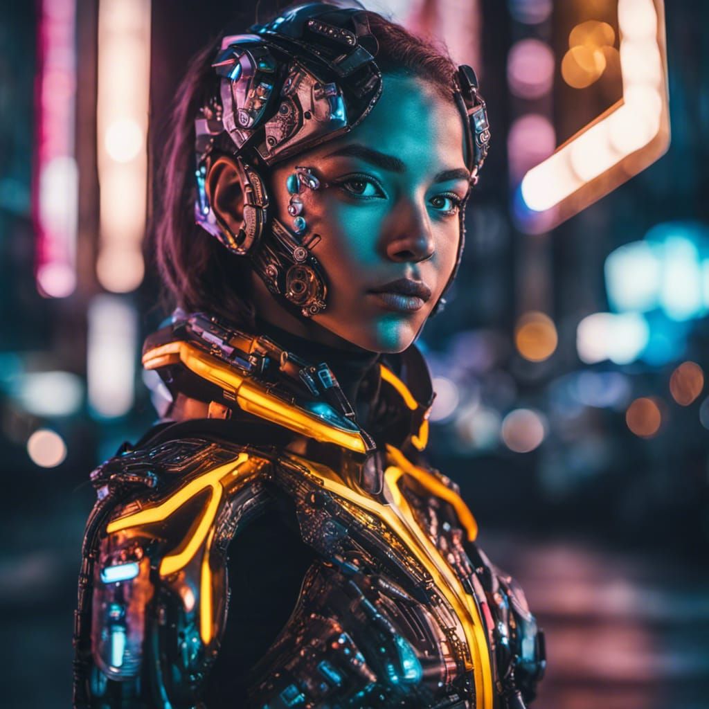 Portrait of a cyborg girl wearing futuristic face armor in a neon city ...