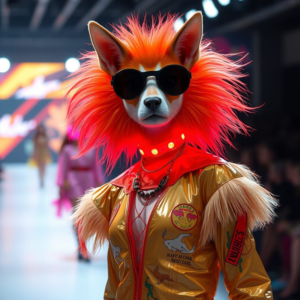 Cyberpunk Runway Animals Shine in Neon Spotlight - AI Art