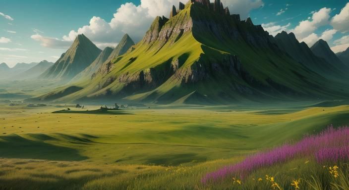 Open grassy plains with hills rising up in the great distance - AI ...