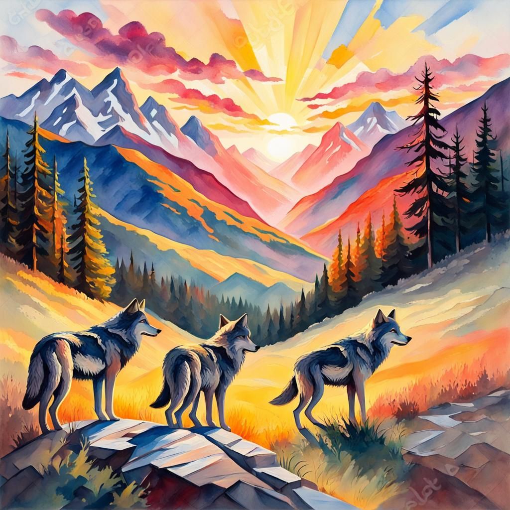 Wolves at Sunrise: Gouache Impressionist Landscape - AI Art