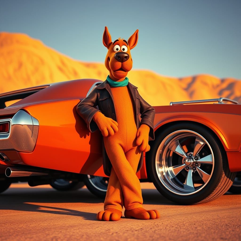 Retro-Futuristic Scooby Doo Leans on Muscle Car - AI Art